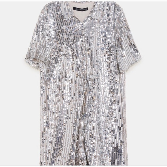 Zara | Dresses | Rare Zara Silver Sequin Shirt Dress | Poshmark